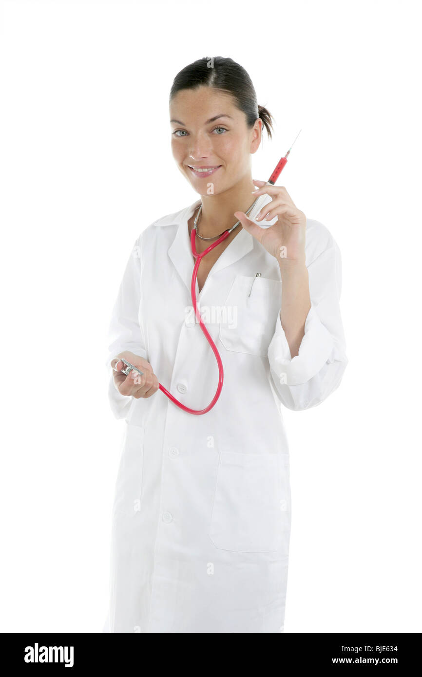 Beautiful woman doctor with red syringe injection in hand Stock Photo ...