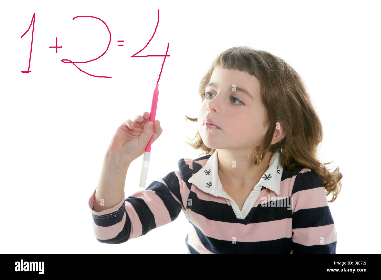 little girl writing add numbers marker transparent white board Stock ...