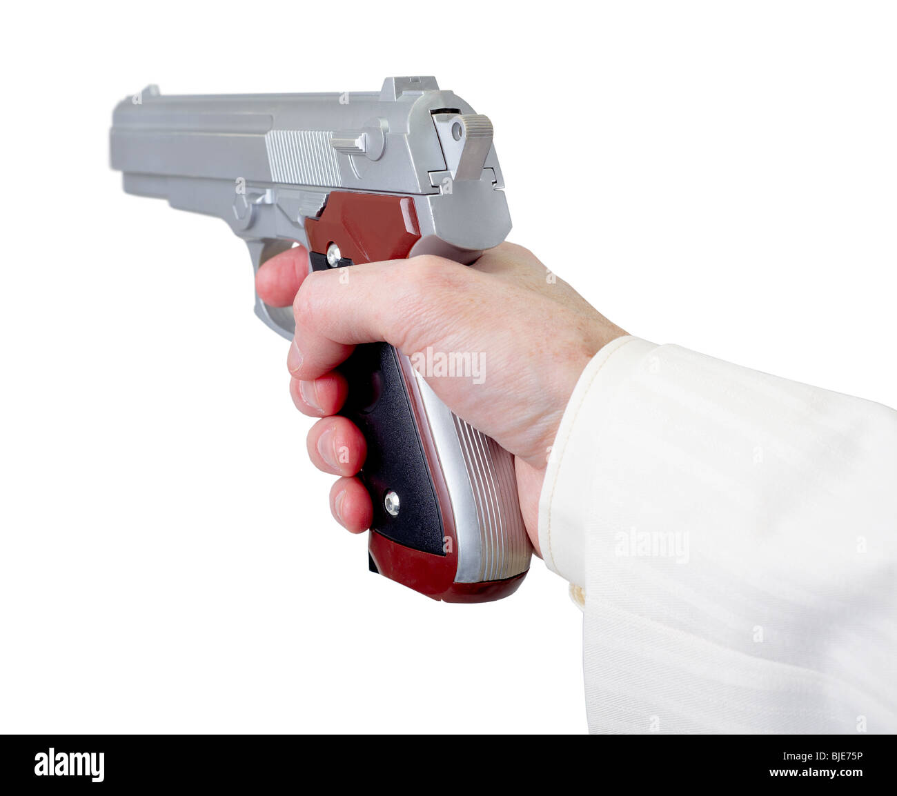 Man's hand holds a gun isolated on white background Stock Photo - Alamy