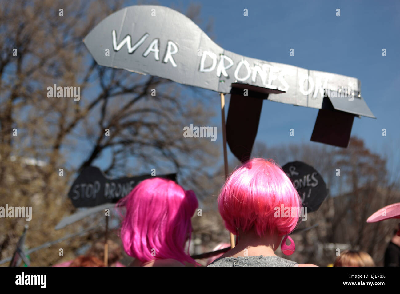 Code pink activists. Anti war placard protesting use of drone UAV air ...