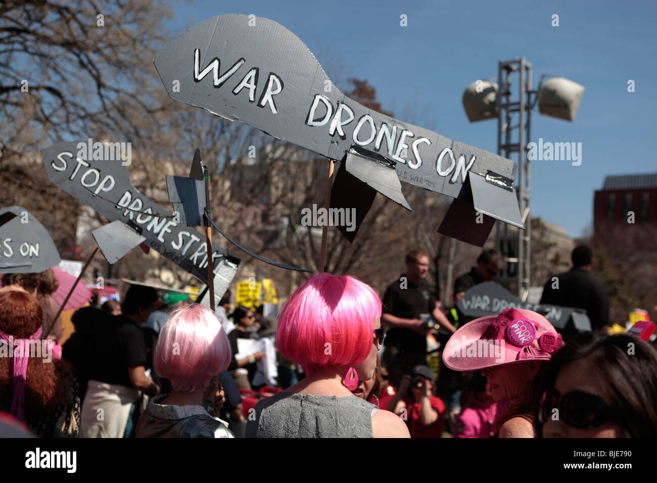 Code pink activists. Anti war placard protesting use of drone UAV air ...