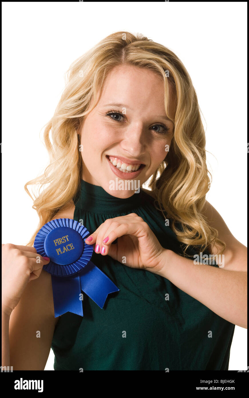 woman with blue ribbon Stock Photo - Alamy