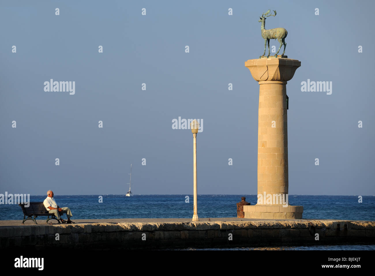 Column with stag statue at the port entrance of Rhodes, Greece Stock ...