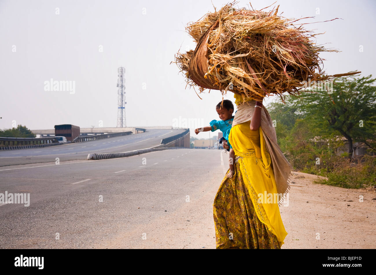 Indian woman with child and hay crossing road in India Stock Photo - Alamy