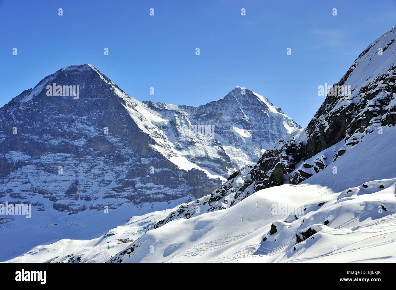 Mount Eiger north face Switzerland,and off piste ski tracks Stock Photo ...