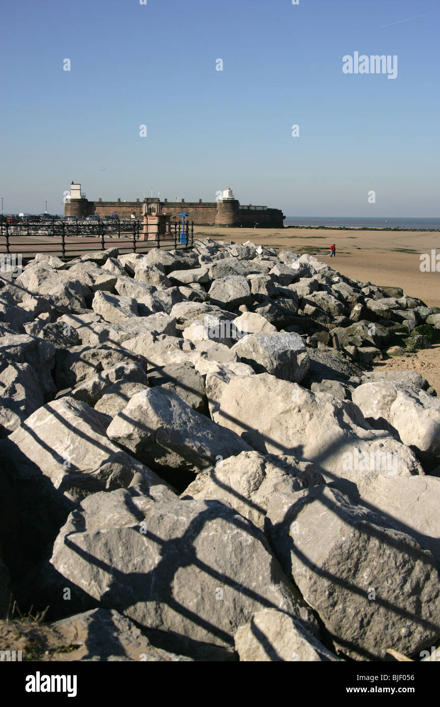 Town of Wallasey, England. New Brighton beach and coastal defences with ...