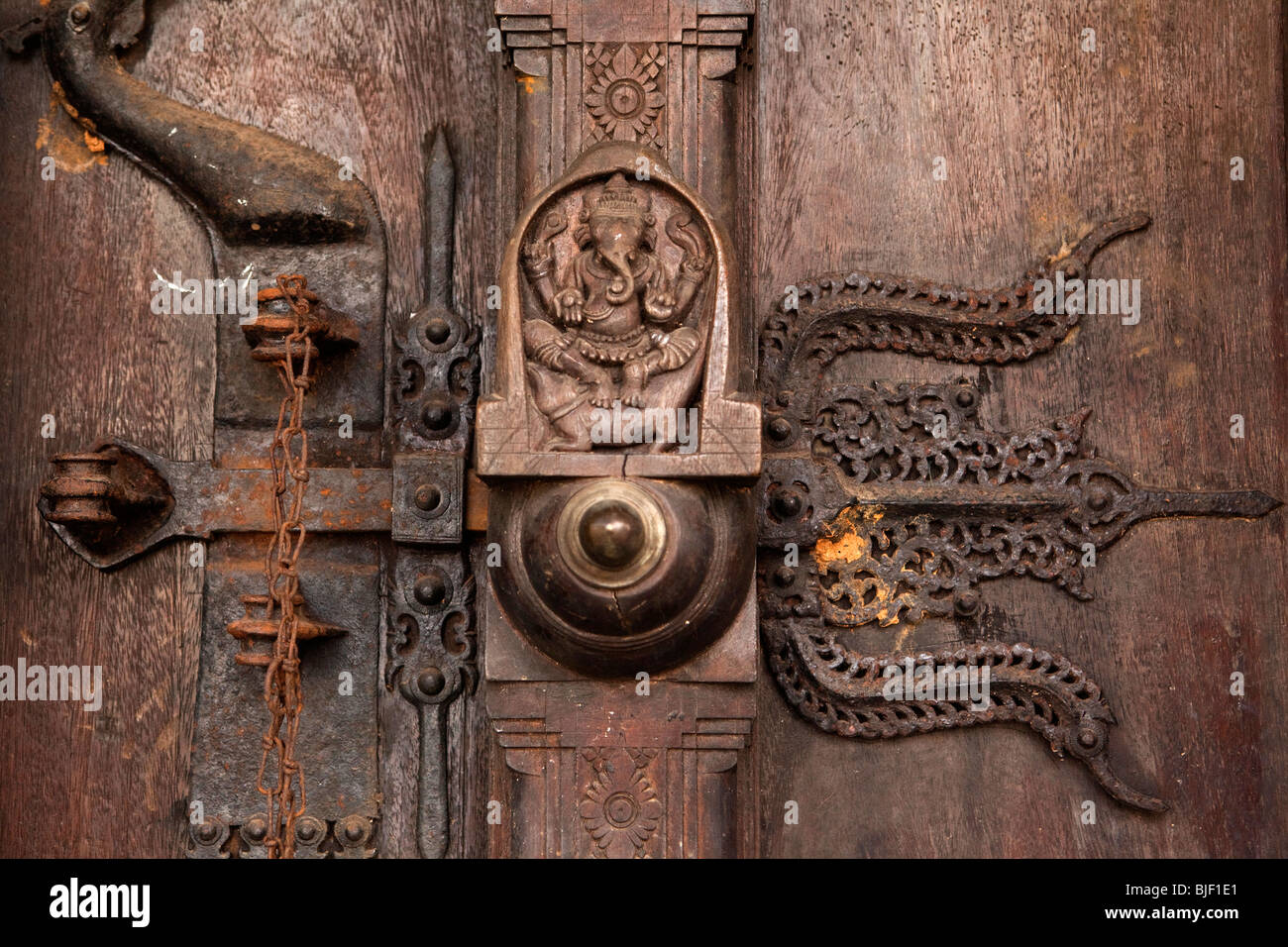 India, Kerala, Kochi, Mattancherry, Jewtown, old iron and brass door ...
