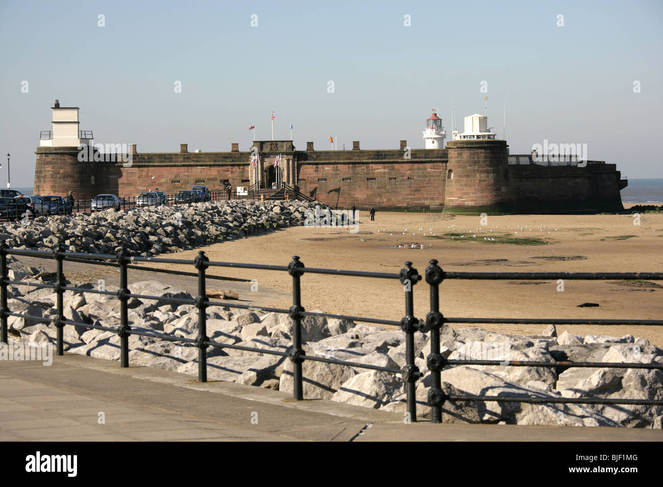 Town of Wallasey, England. New Brighton promenade and beach with Fort ...