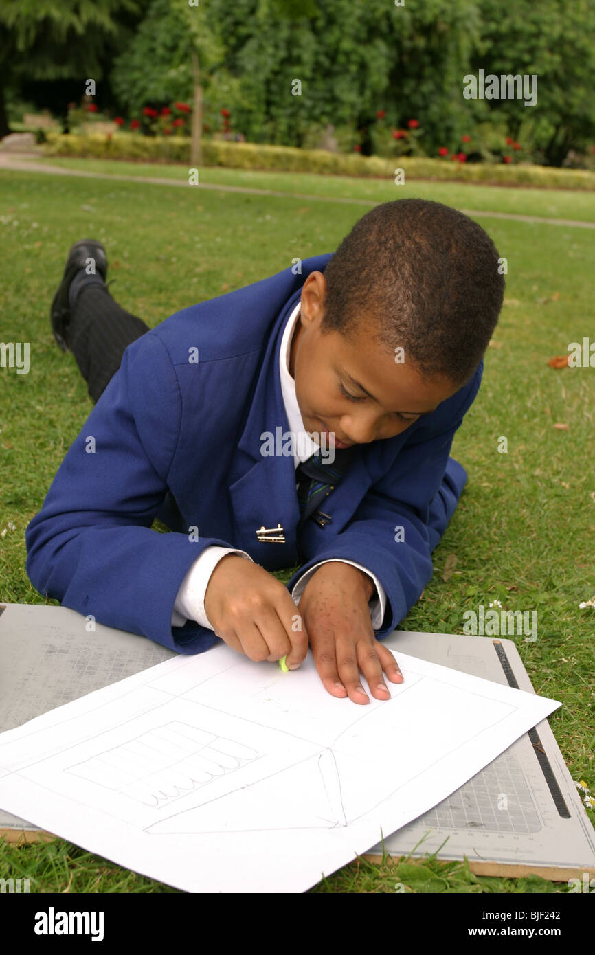 Secondary school student having art lesson on lawn of boarding school ...