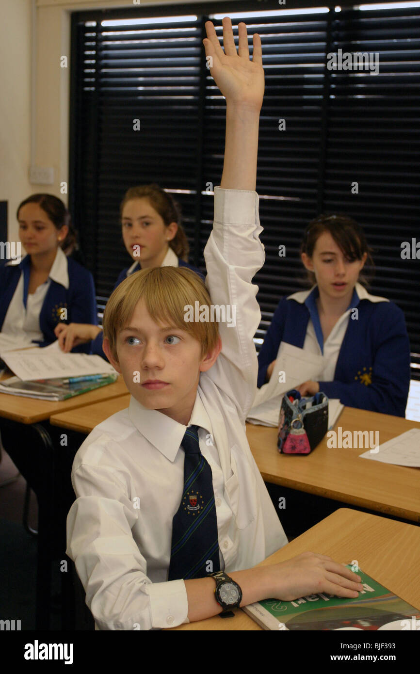 Secondary school class hand up hi-res stock photography and images - Alamy