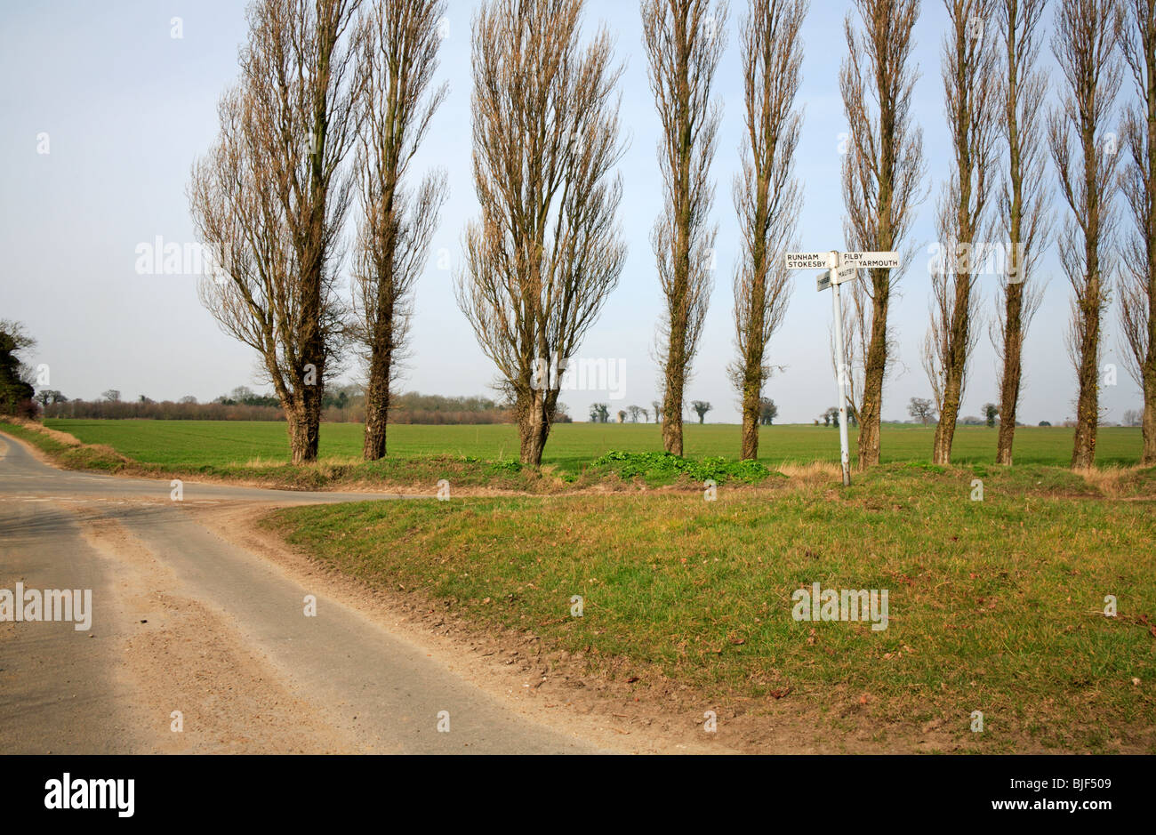 A country crossroads with direction sign at Mautby, Norfolk, United ...