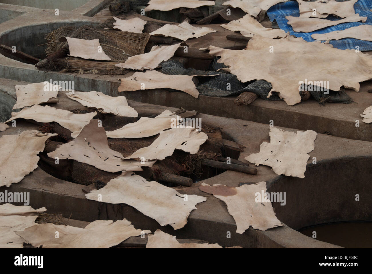 Hides drying in the sun, The Tanneries, Marrakech Stock Photo - Alamy