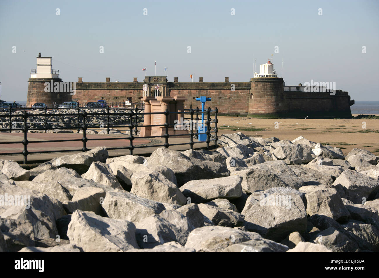 Town of Wallasey, England. New Brighton beach and coastal defences with ...