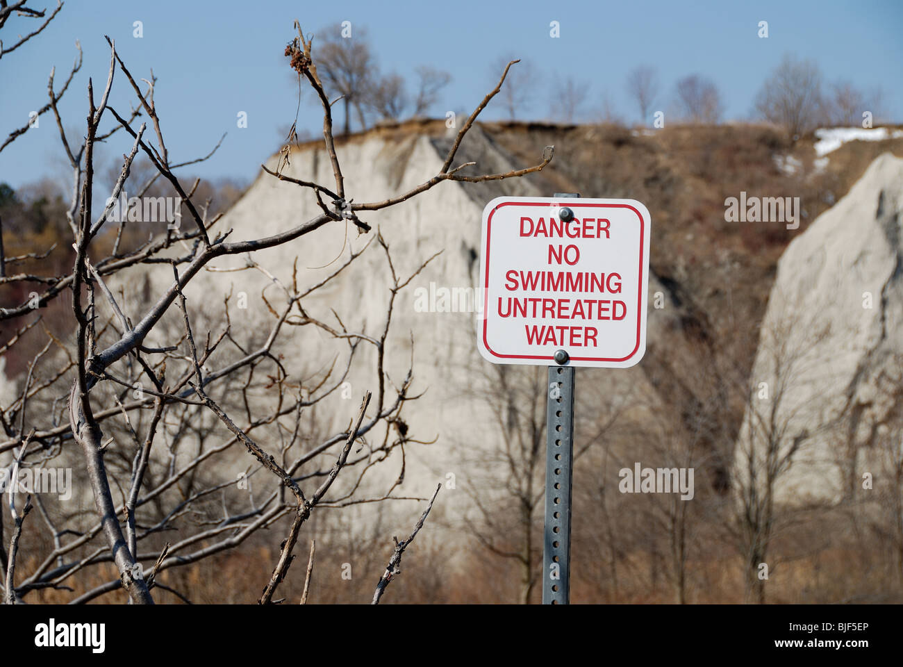 Sign warning of no swimming because of untreated water near a catch ...
