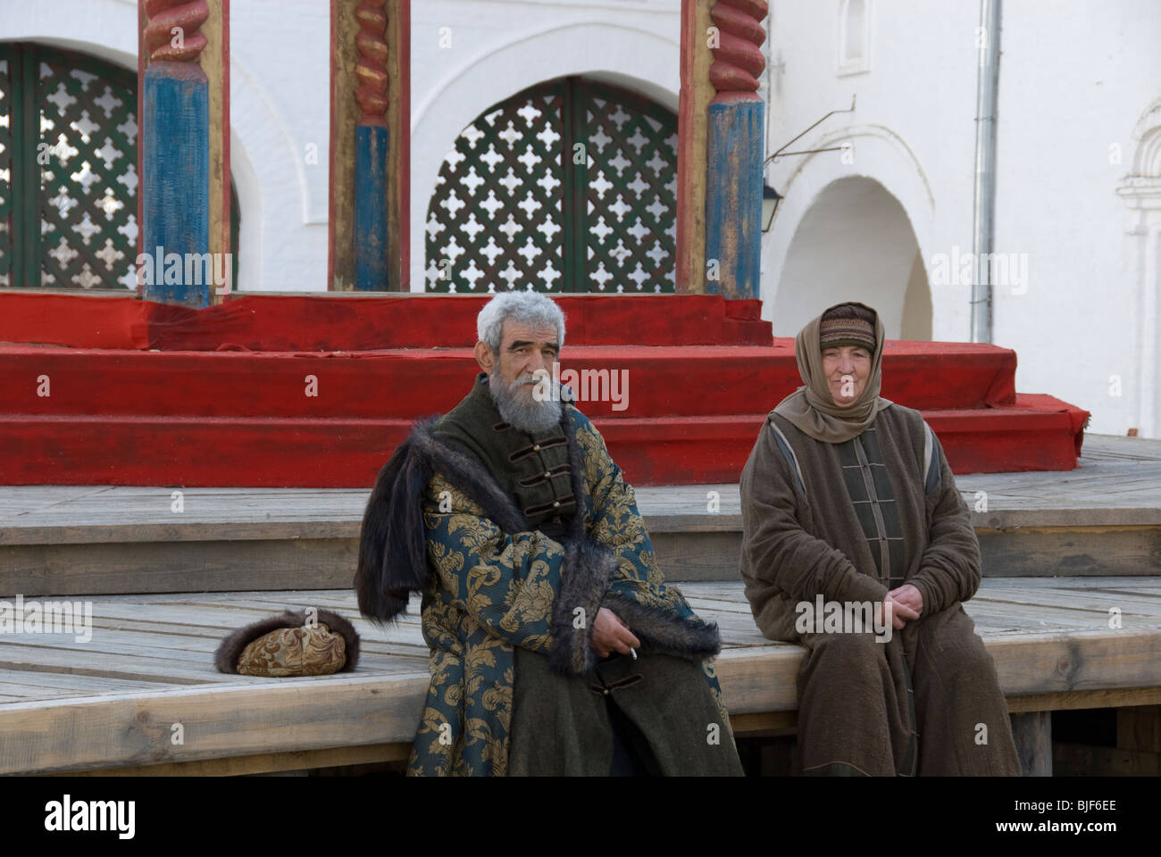 Actors resting and sitting on a stage, Suzdal, Russia Stock Photo - Alamy