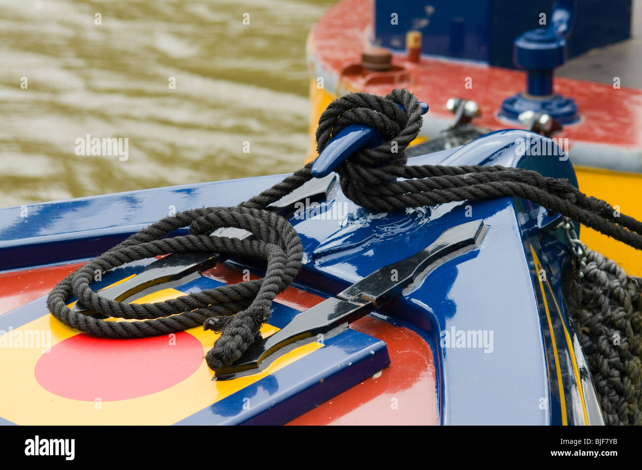 Narrowboat bow details with mooring ropes and fresh paint Stock Photo ...