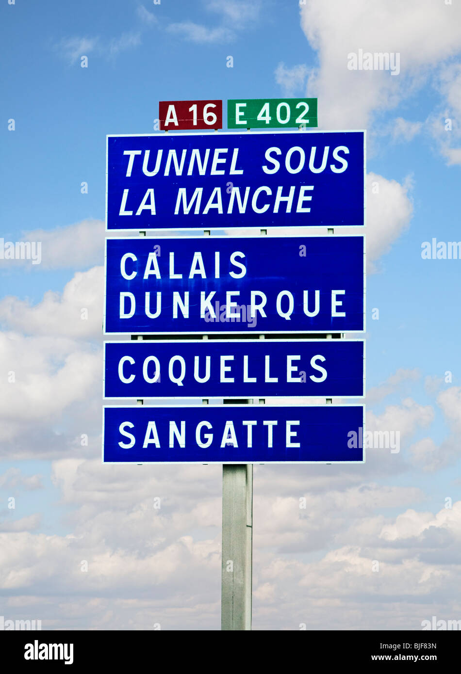 French autoroute traffic motorway sign to the Channel Tunnel and Calais ...