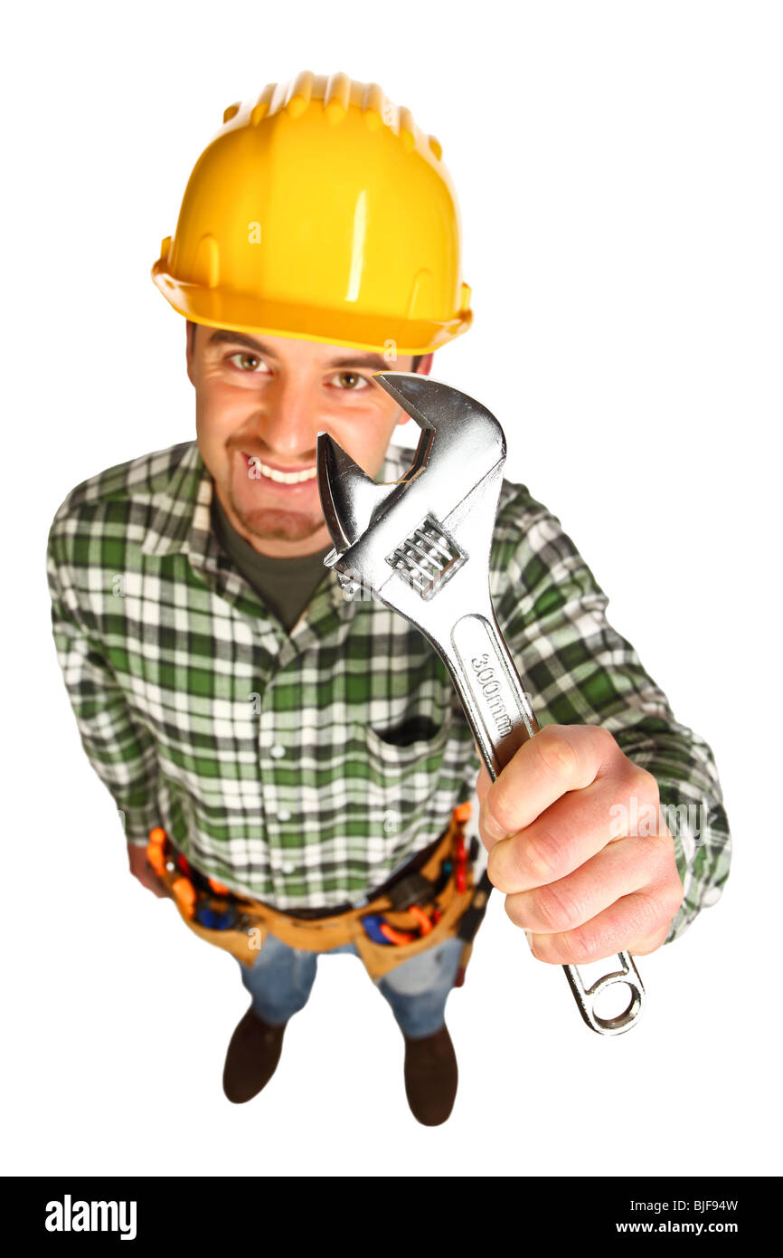 manual worker funny portrait from above on white background Stock Photo ...