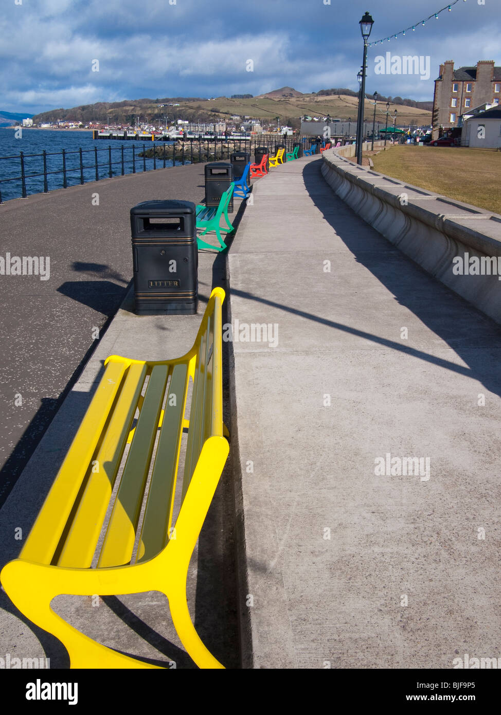 Brightly Painted Benches at the Seafront in Largs, Scotland Stock Photo ...