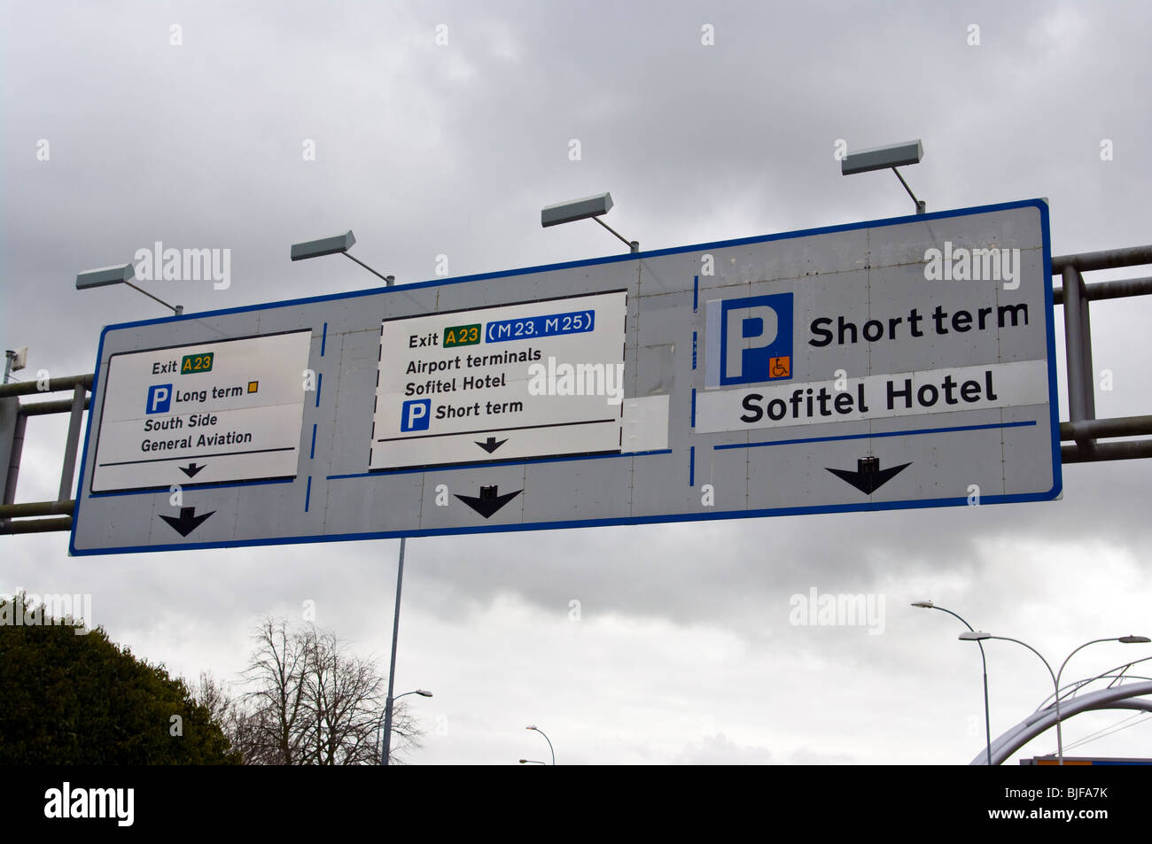 Overhead Direction Traffic Lane Signs at Gatwick Airport Stock Photo ...