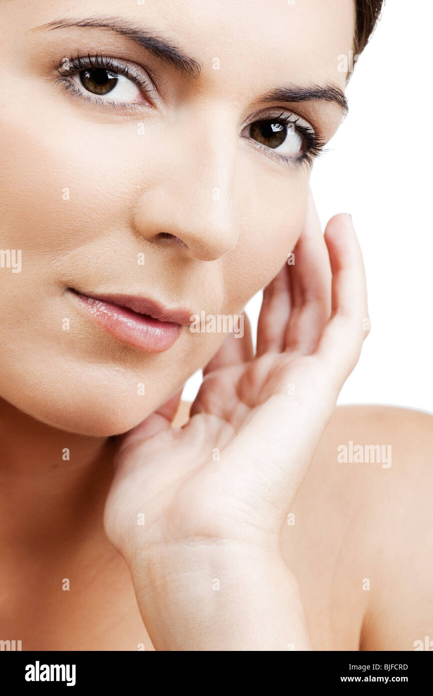 Close-up portrait of a beautiful and fresh woman isolated on white ...