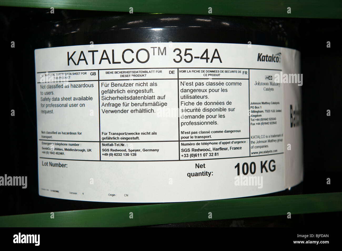 Chemical drums stored in warehouse Katalco UN3077 Chemical Catalyst ...