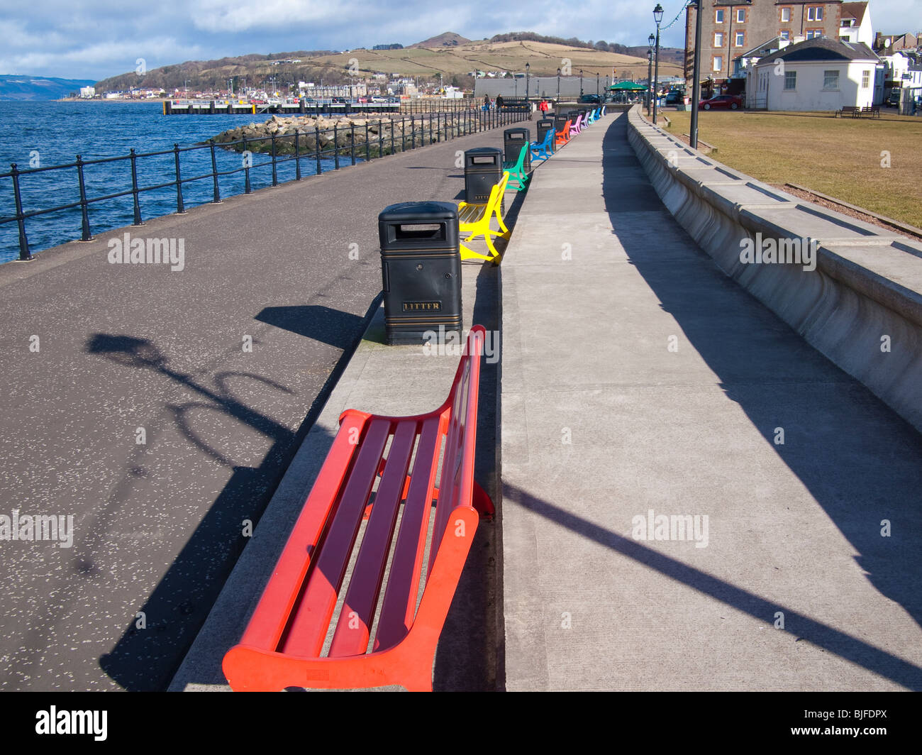 Brightly Painted Benches at the Seafront in Largs, Scotland Stock Photo ...