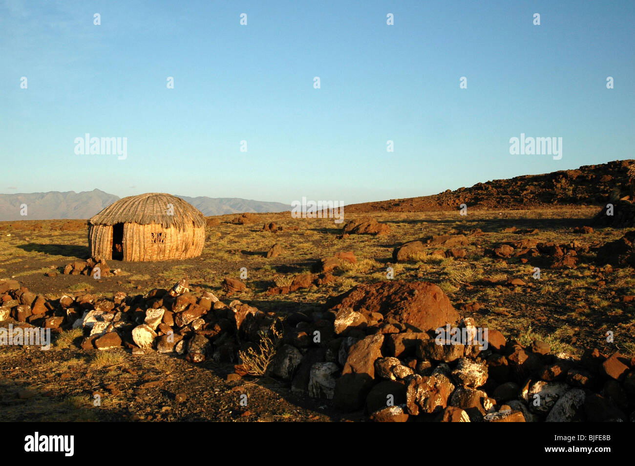 A reed hut on the shore of Lake Turkana. Kenya, Eastern Kenya, Africa ...