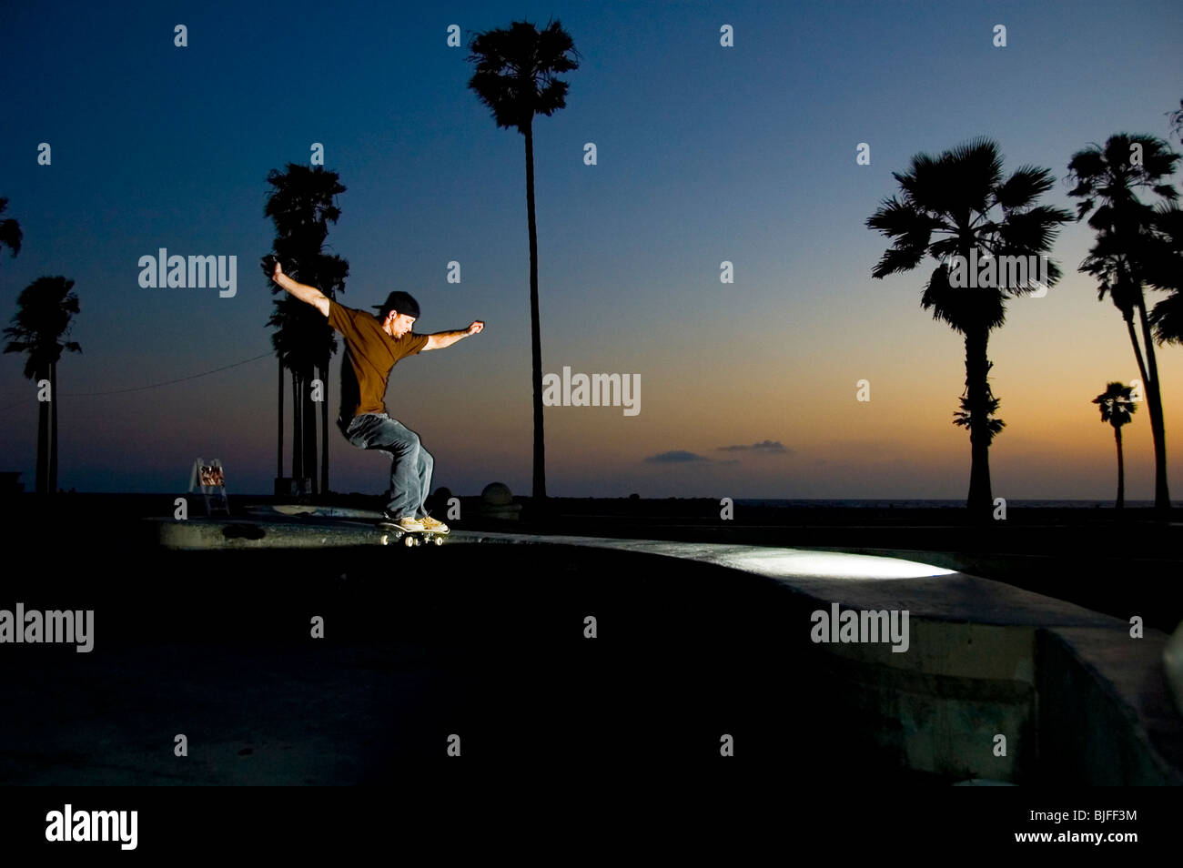 This is an image of a skateboarder doing a nosegrind in a skatepark ...
