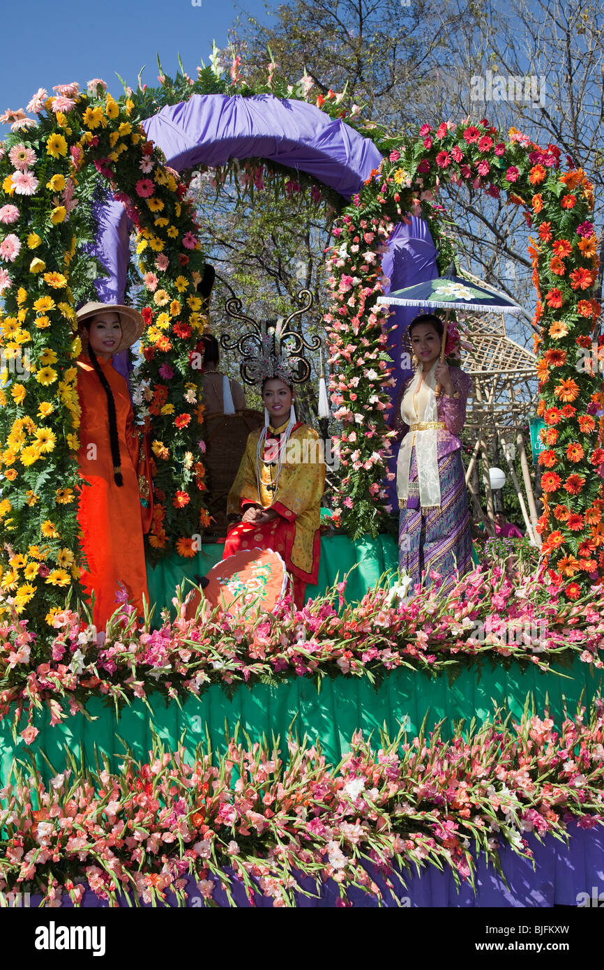ChiangMai Flower display, ancient & modern floral art gaily decorated bedecked, parade of floats ...