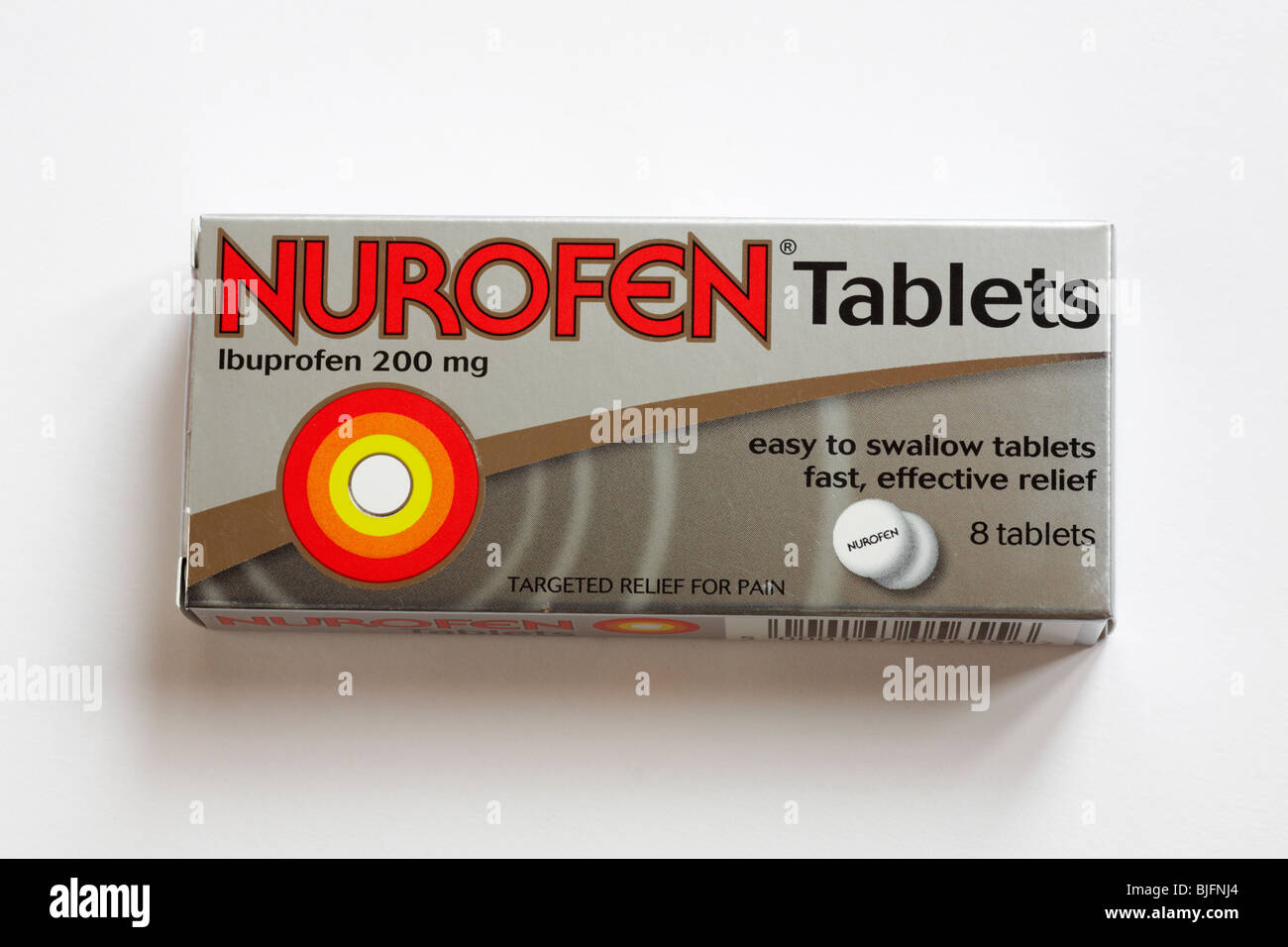 Box of Nurofen Tablets isolated on white background - looking down on ...