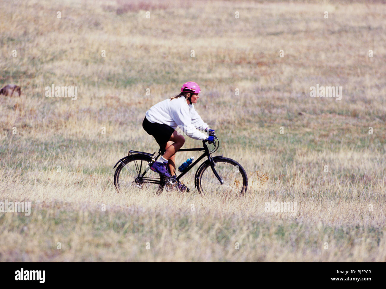 Woman cycling through grass field hi-res stock photography and images ...
