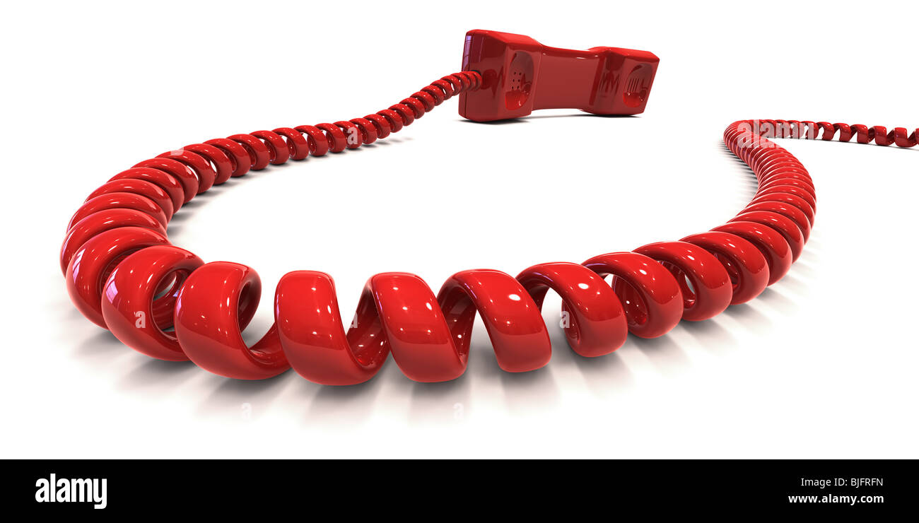 Red telephone receiver with coiled cord isolated over white ...