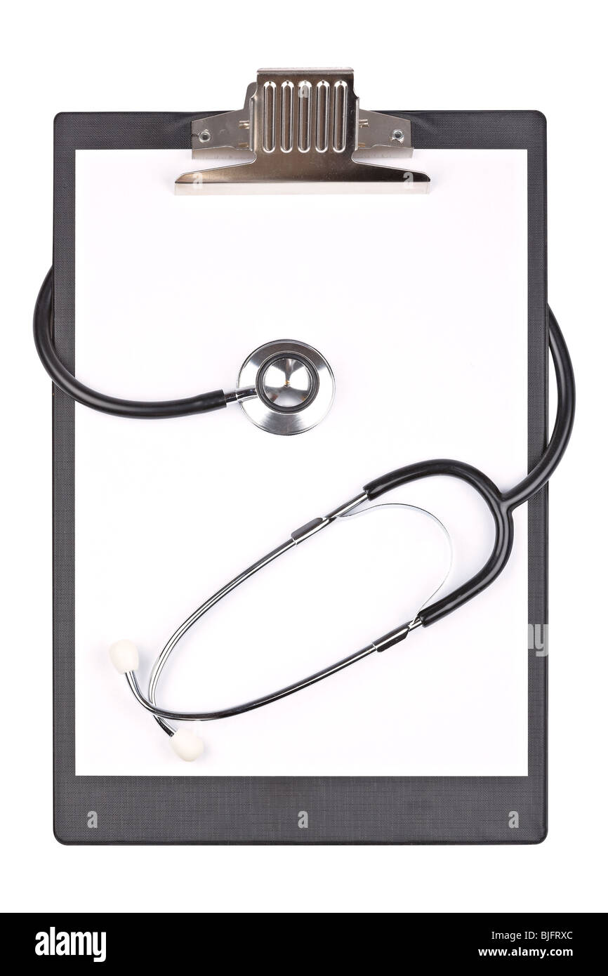 Medical clipboard with stethoscope isolated on a white background Stock ...