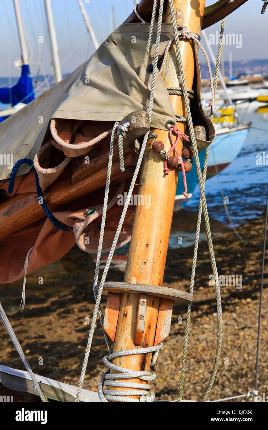Details of the mast, boom and Gaff on a small traditional wooden yacht ...