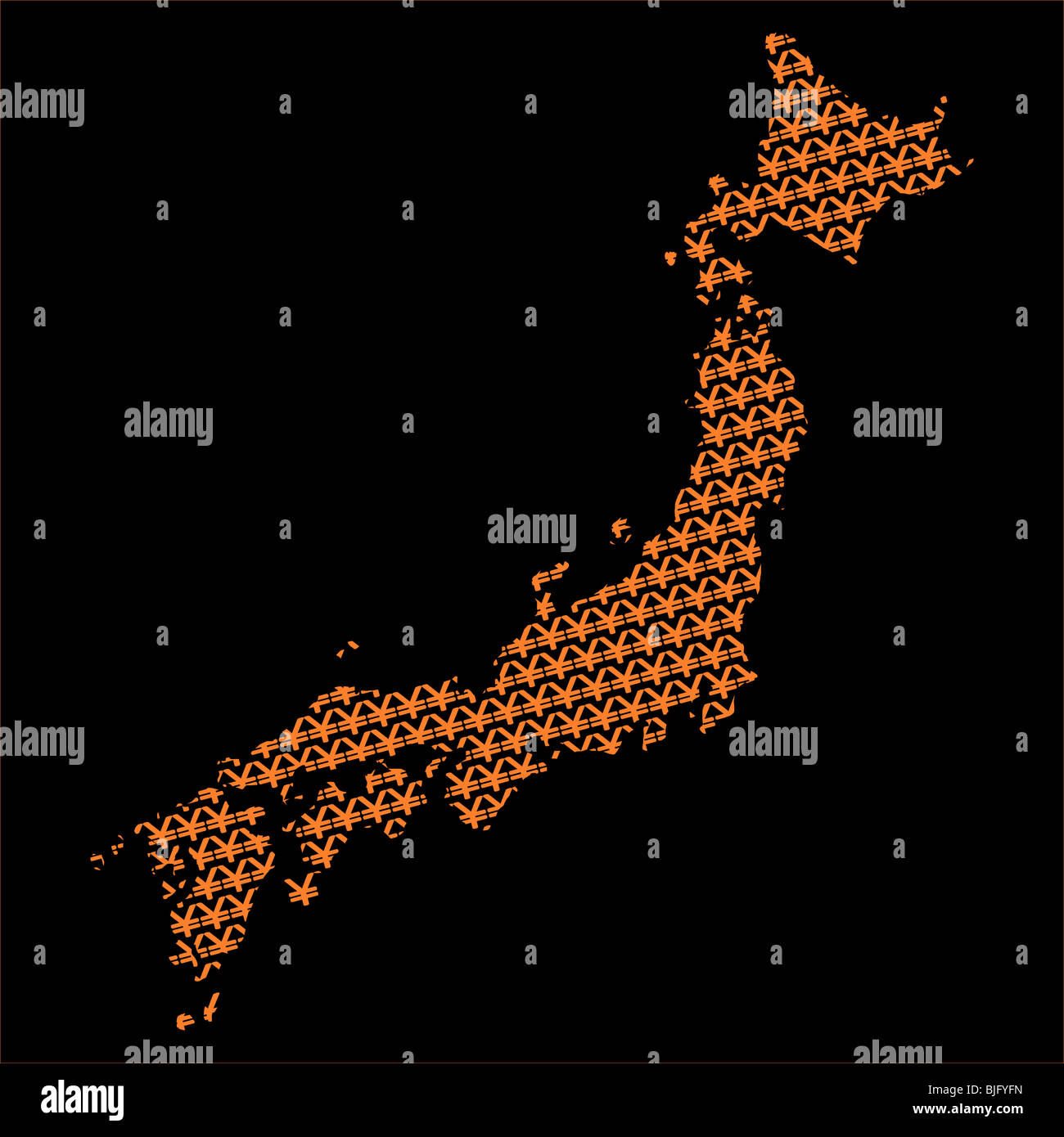 Japan map with Yen symbols on black illustration Stock Photo - Alamy