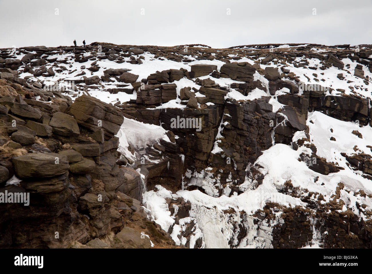 Winter conditions on Kinder Downfall, a waterfall on Kinder Scout in ...