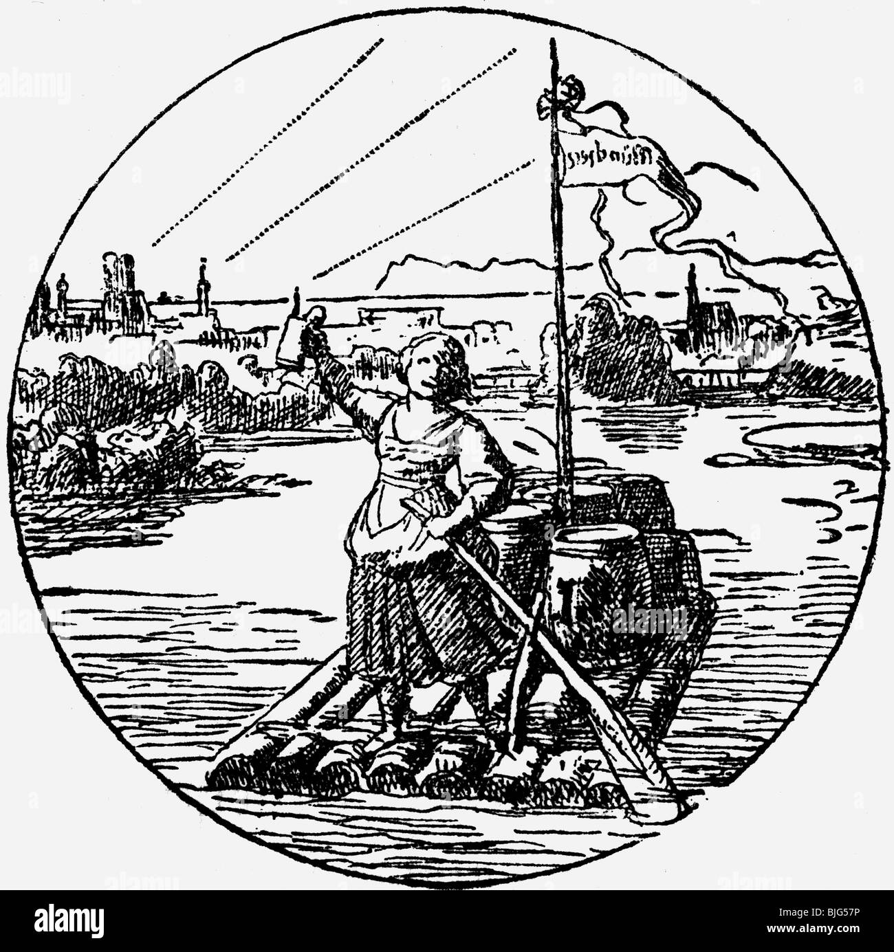 people, professions, raftman, raftwoman on river Isar at Munich ...