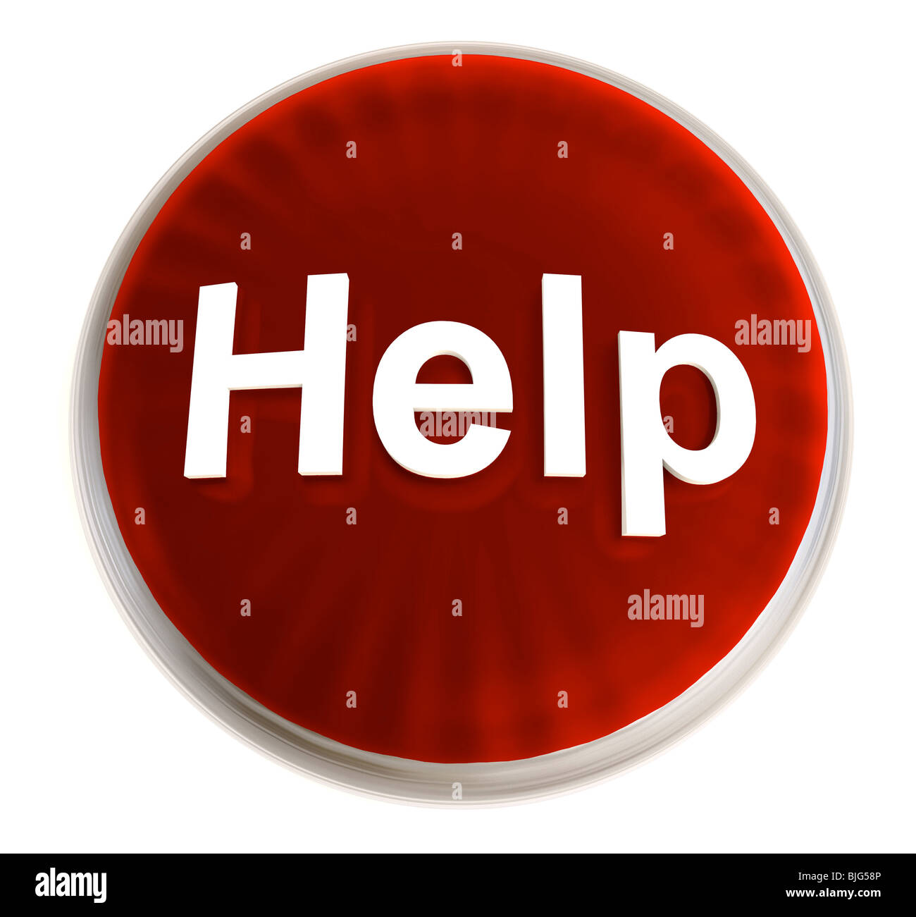 Bright red help button with silver bevel and white text Stock Photo - Alamy