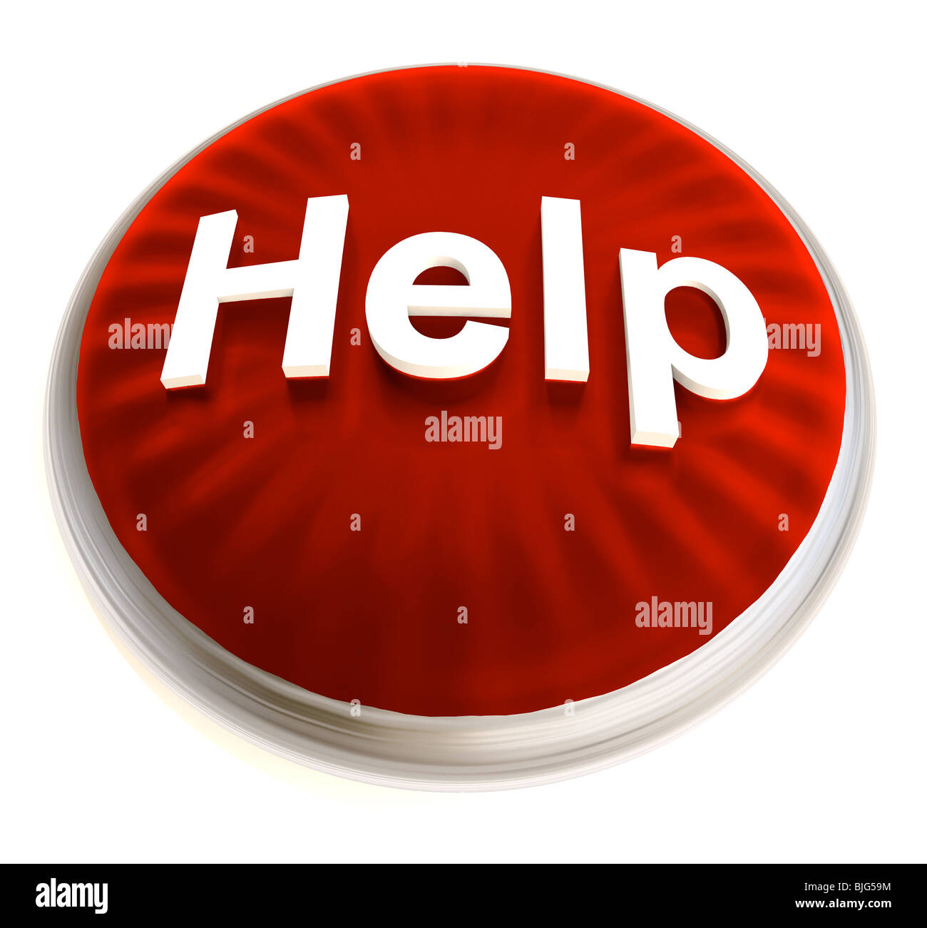 Bright red help button with silver metal bevel and white background ...