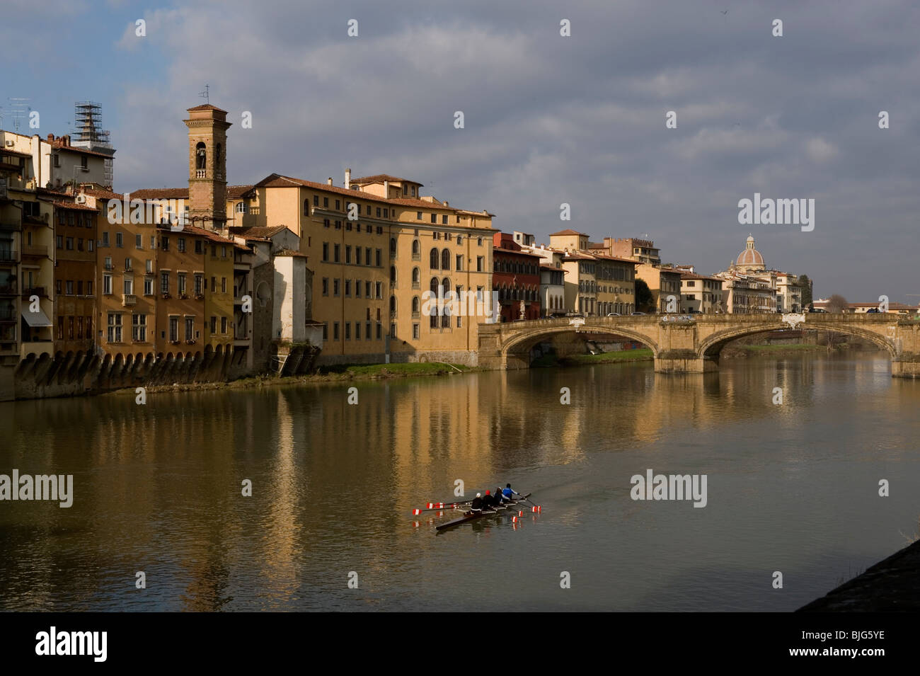 Florence,Tuscany,Italy. Rowing on The river Arno looking towards the ...
