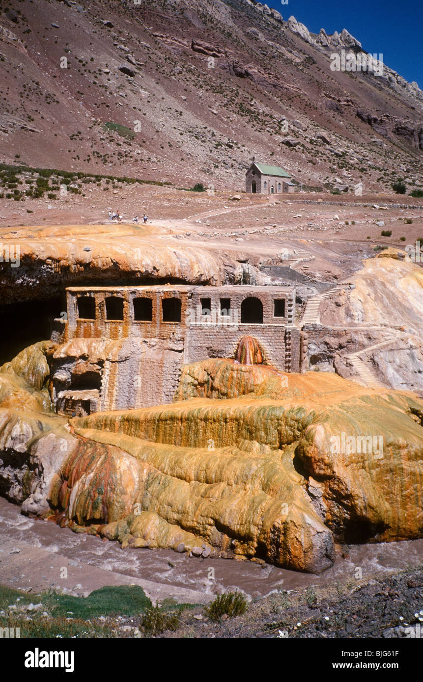 Argentina. Puente del Inca. Ruins of the spa with chapel in the ...