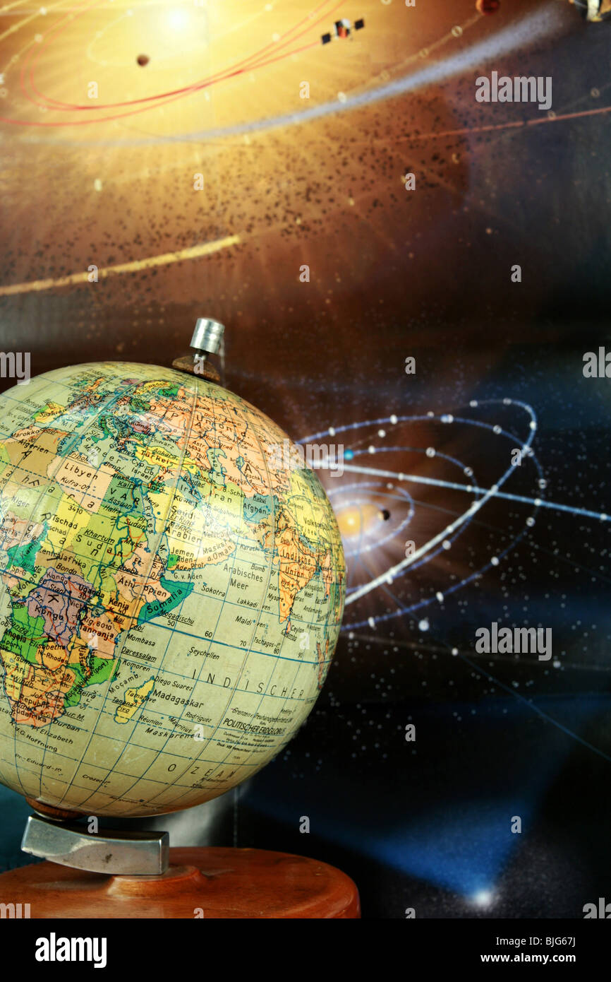 Old globe on background of illustration our solar system Stock Photo ...