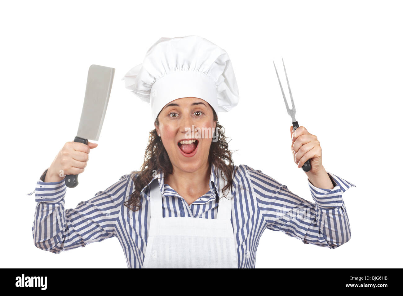 Crazy cook woman holding a meat cleaver Stock Photo - Alamy
