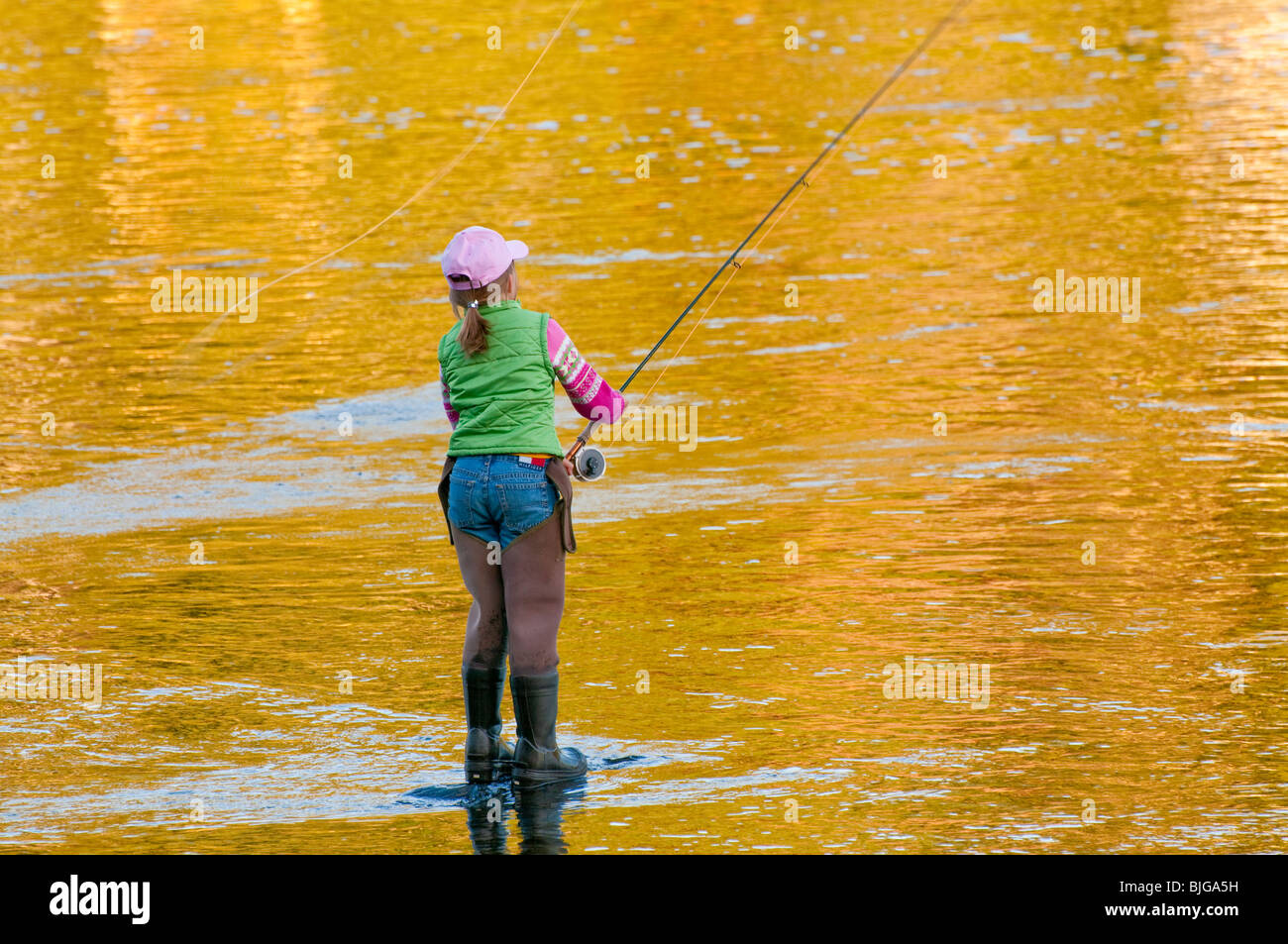 NEW BRUNSWICK, Young girl fisherman casting for Atlantic Salmon on the ...