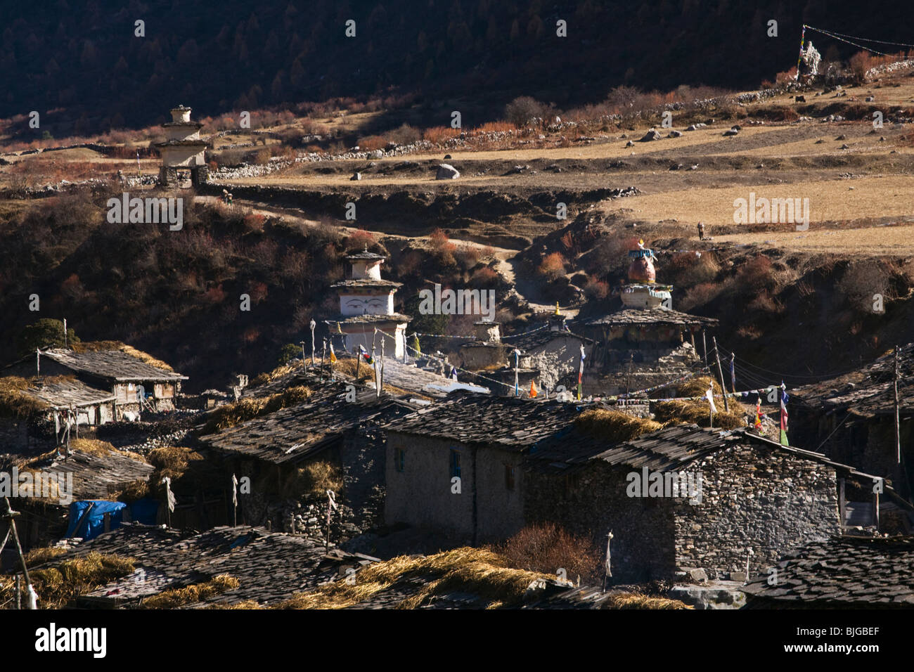 CHORTENS and HOUSES in the village of SAMAGAUN on the AROUND MANASLU ...