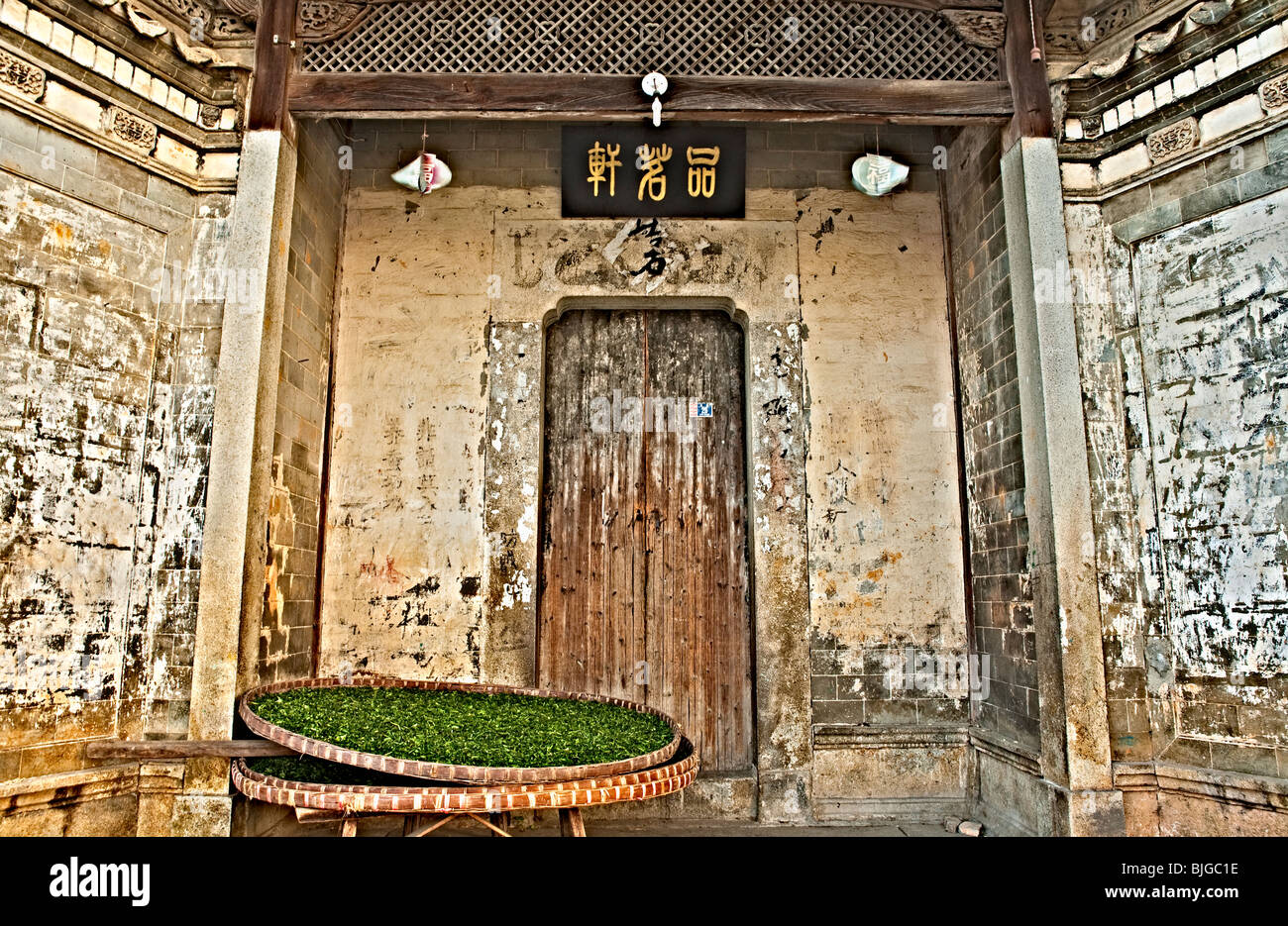 Drying tea leaves at the doorway of old house, Anhui province, China ...
