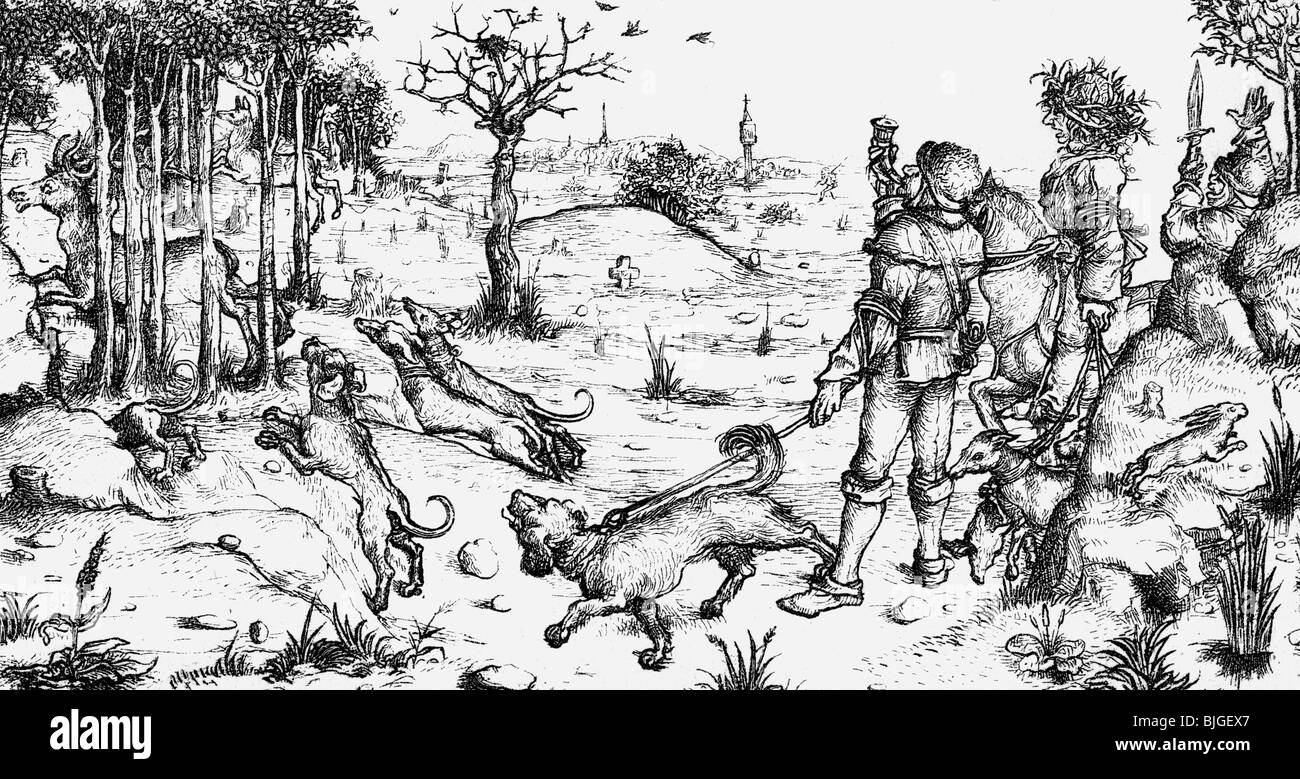 hunting, deer hunt, pack chasing the deer, copper engraving, co called ...