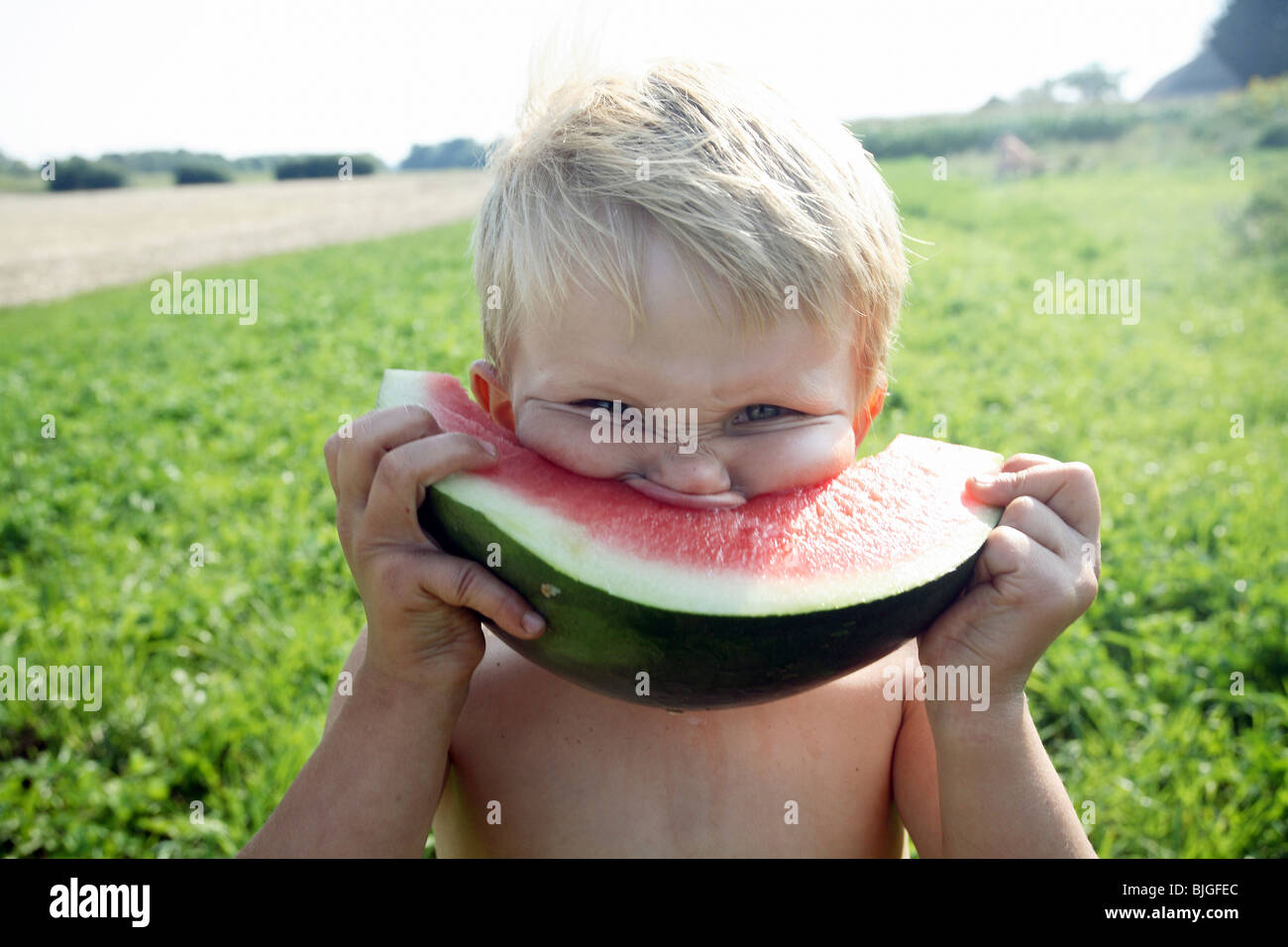 Small boy biting into a watermelon Stock Photo - Alamy