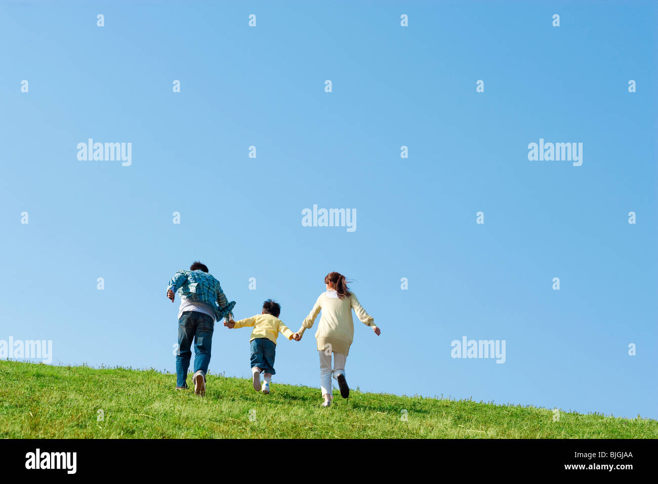 Rear view of a family with young son running up a hill at the park ...